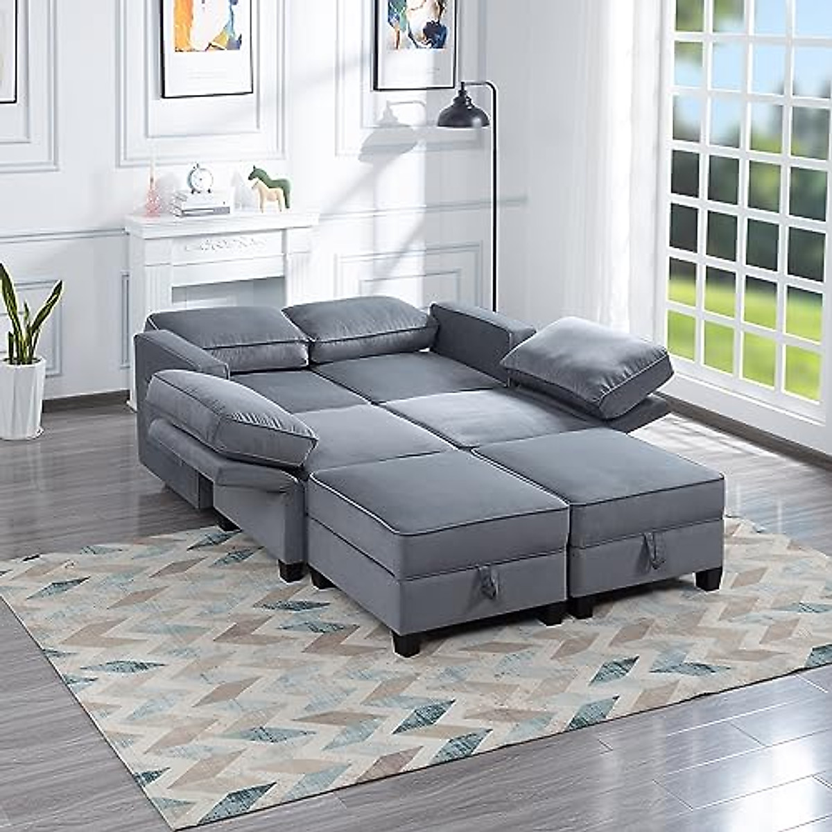 Goohome 116'' Modular Sectional, U-Shaped Velvet Convertible, Minimalist Modern 6 Seater Sleeper Couch with Chaise Ottomans, Sofa Sets, for Living Room, Bedroom, B-Dark Gray