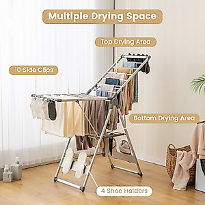 Tangkula Collapsible Clothes Drying Rack, 2-Layer Space-Saving Aluminum Drying Rack w/Adjustable Wings, Folding Laundry Drying Rack for Indoor & Outdoor Use