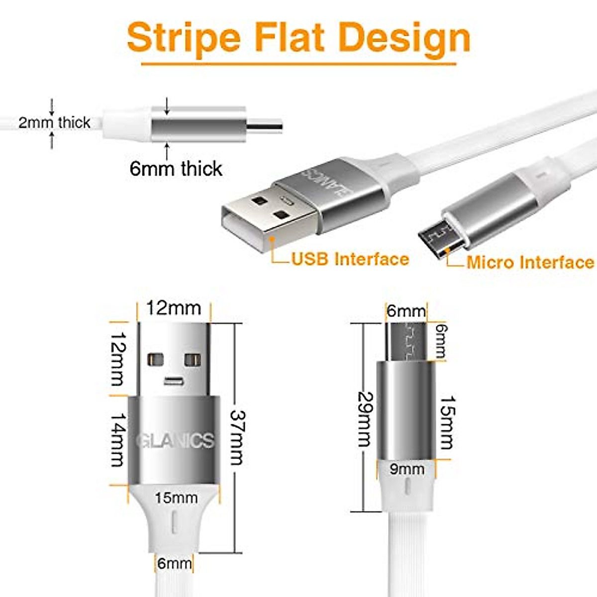 GLANICS 20ft Micro USB Cable, Micro USB Power Extension Cable, Charging and Data Sync Cable for Wyze Cam, Cloud Cam, Android Phone, Mobile Powe and Other Devices (White)