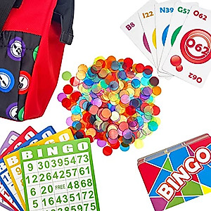JUNWRROW Deluxe Bingo Game Set - Includes Red Bingo Bag, Jumbo Calling Card Deck,50 Mixed Bingo Cards, 500 Colorful Chips with a Bag- Ideal for Large Groups, Parties