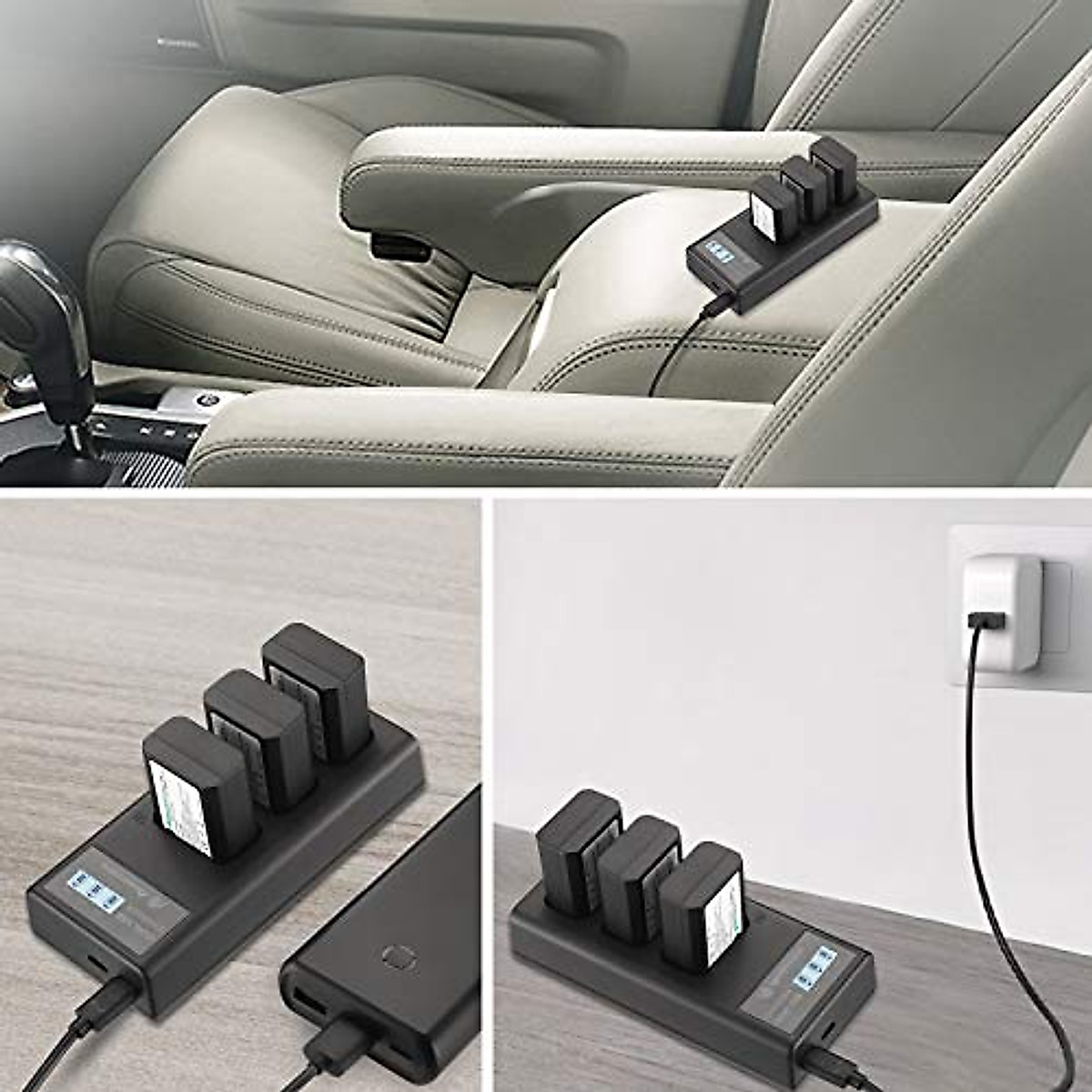 Powerextra NP-FW50 Rechargeable Battery Charger Set for Sony ZV-E10 A6000 A6500 A6300 A7 A7II A7SII A7S A7S2 A7R A7R2 A7RII A55 A510 RX10 RX10II (3 Pack Batteries and 3 Channel Charger LCD Display)