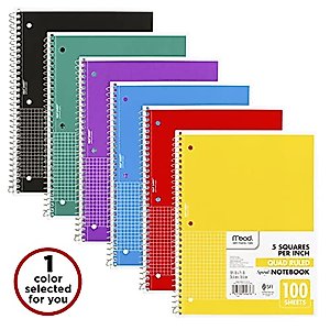 Mead Spiral Notebook, 1-Subject, Graph Ruled Paper, 7-1/2" x 10-1/2", 100 Sheets, Color Will Vary (05676)