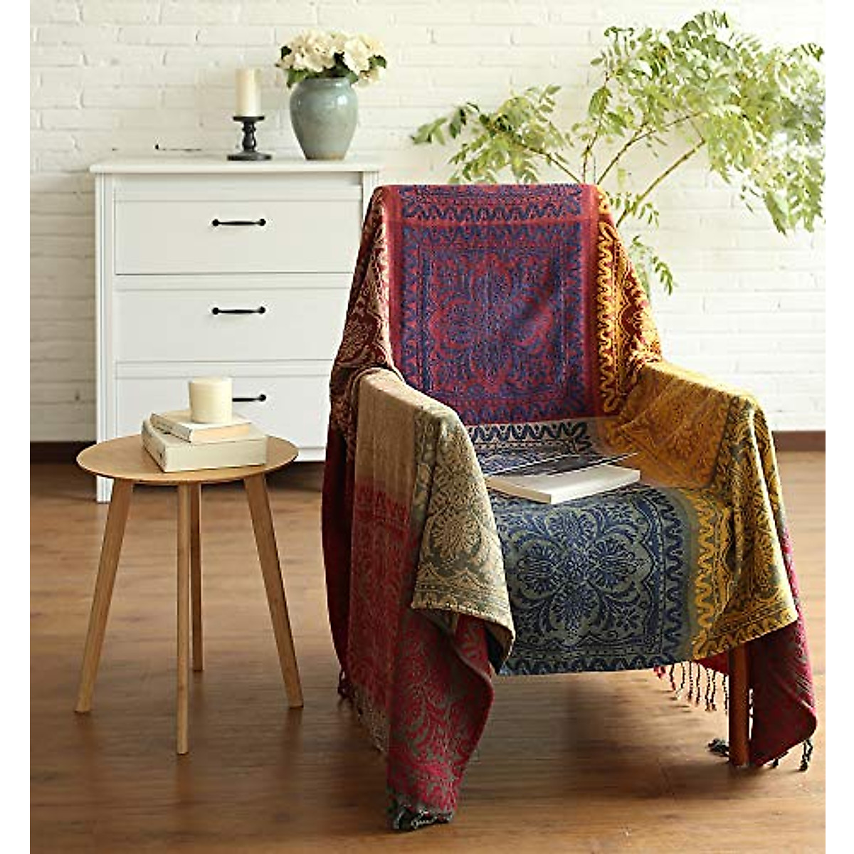 Ujoyen Bohemian Throw Blankets Colorful Chenille Jacquard Tassels Boho Hippie Decorative for Bed Couch Sofa Soft Chair Recliner Loveseat Furniture Cover Red Blue -M