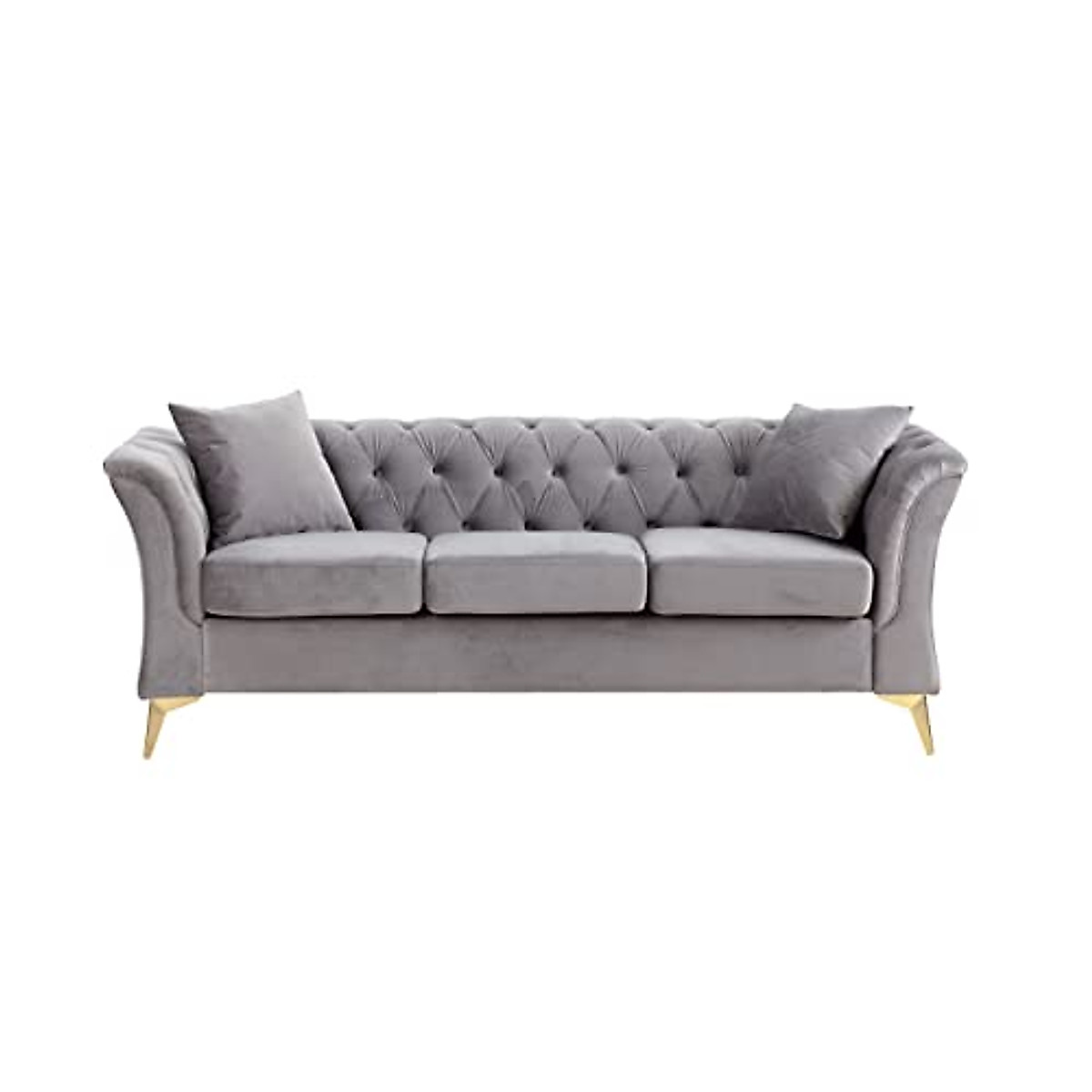 RUNWON 3 Seater 84.6'' Modern Chesterfield Curved Sectional Sofa Tufted Velvet 3 Seat Couch Button Tufed with Scroll Arms and Gold Metal Legs for Small Space Apartment Living Room, Grey