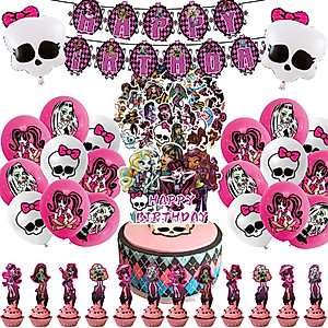 Monster Birthday Party Supplies 84PCS High Dolls Theme Party Decorations including Stickers Banner Cake Topper Balloons Cupcake Toppers