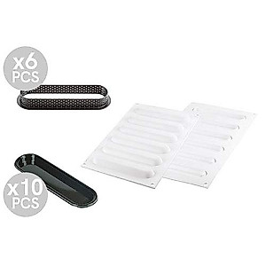 Silikomart "Kit Tarte Ring Oblong 146x34" Silicone Mold with 6 Cavities, Each 5.23 Inch x 0.82 Inch x 0.47 Inch High, Plus 6 Heat-Resistant Perforated Plastic Oblong Cutting Rings
