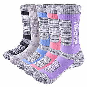 YUEDGE Women's Outdoor Hiking Socks Moisture Wicking Cotton Cushioned Crew Athletic Socks Padded Boot Socks For Women Size 6-9, Mulitcolor, 5 Pairs