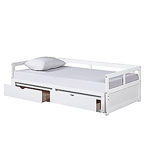YSWH Pinewood Extending Daybed with Storage Drawers, Can Be Expanded from Twin Size to King Size, Sofa Bed Frame with Safety Guardrails, for Kids Teens (White)