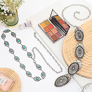 Junkin 2 Pcs Women Concho Western Chain Belts Turquoise Chain Belts Antique Western Waist Belts Metal Belt