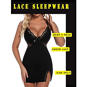 Donnalla Womens Sexy Babydoll Chemise Lingerie Lace Night Dress Slip Nightgowns Sleepwear (Black Medium)