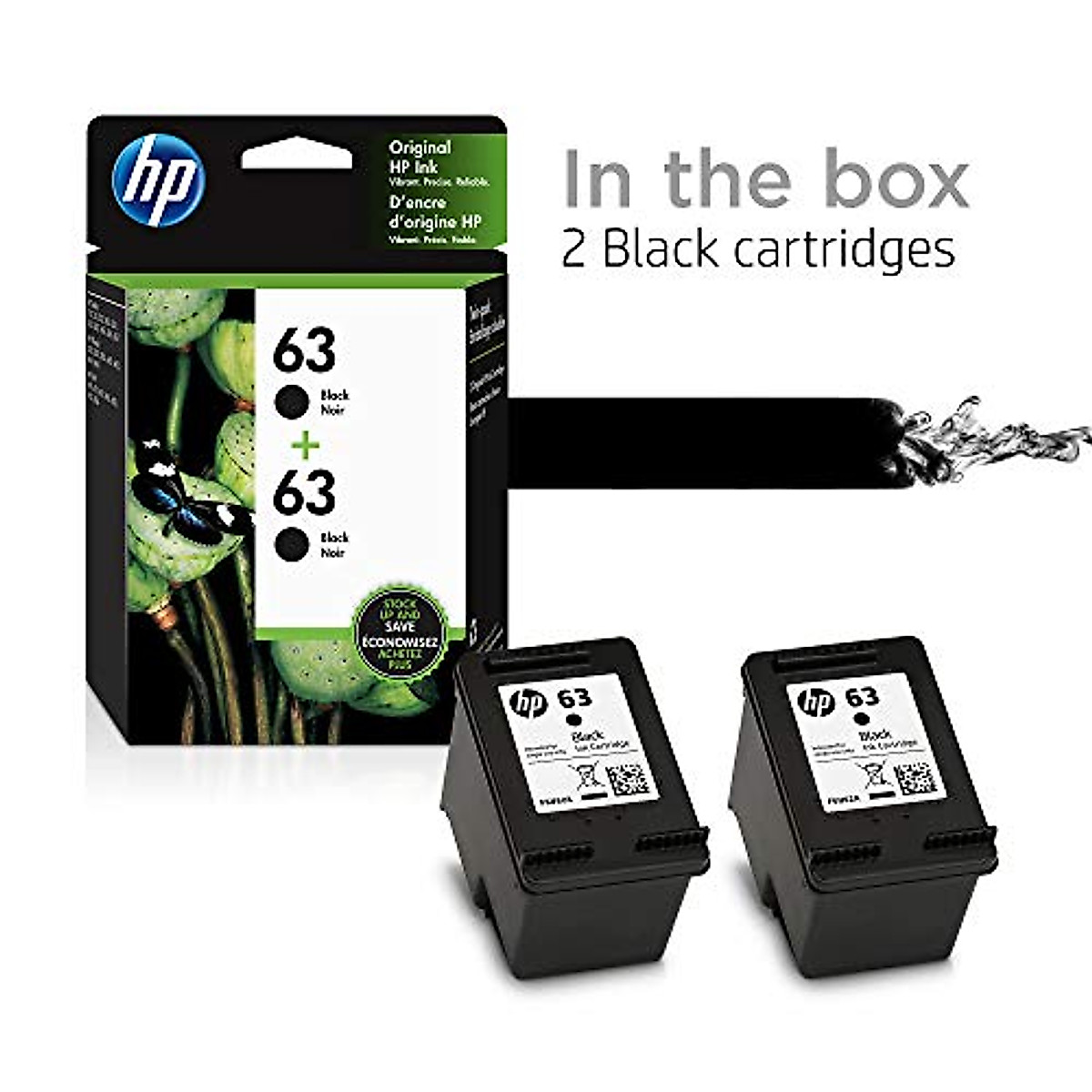 HP 63 | 2 Ink Cartridges | Black | Works with HP DeskJet 1112, 2100 Series, 3600 Series, HP ENVY 4500 Series, HP OfficeJet 3800 Series, 4600 Series, 5200 Series | F6U62AN