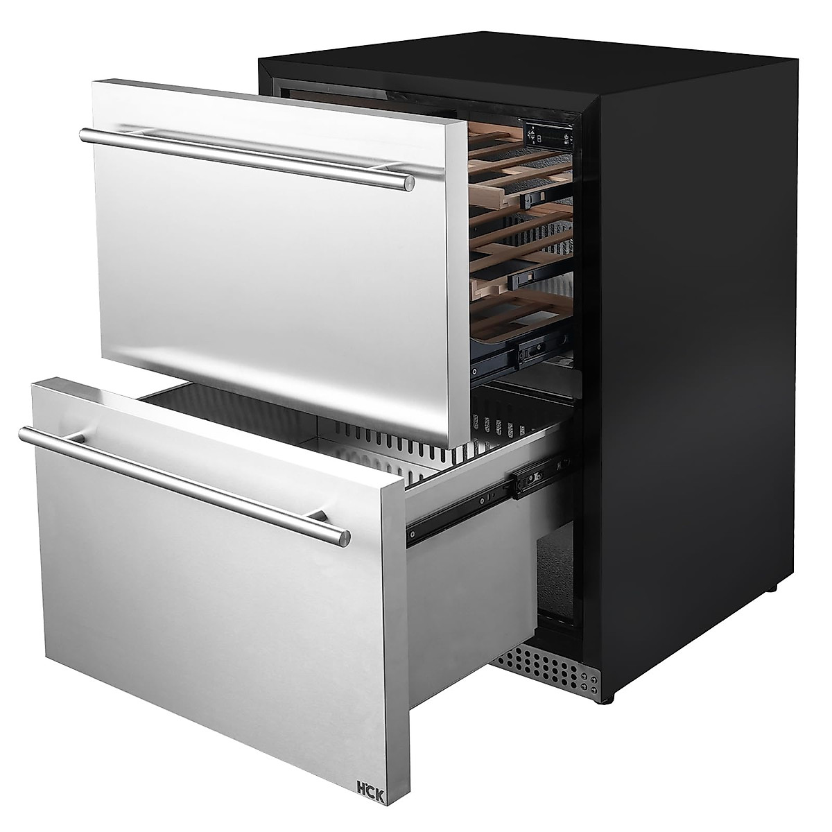 HCK Drawer Outdoor Refrigerator, 24 Inch Dual Zone Wine and Beverage Fridge with Weatherproof Stainless Steel, Under Counter Fridge, Separate Temperature Controls for Home, Patio, Commercial Use