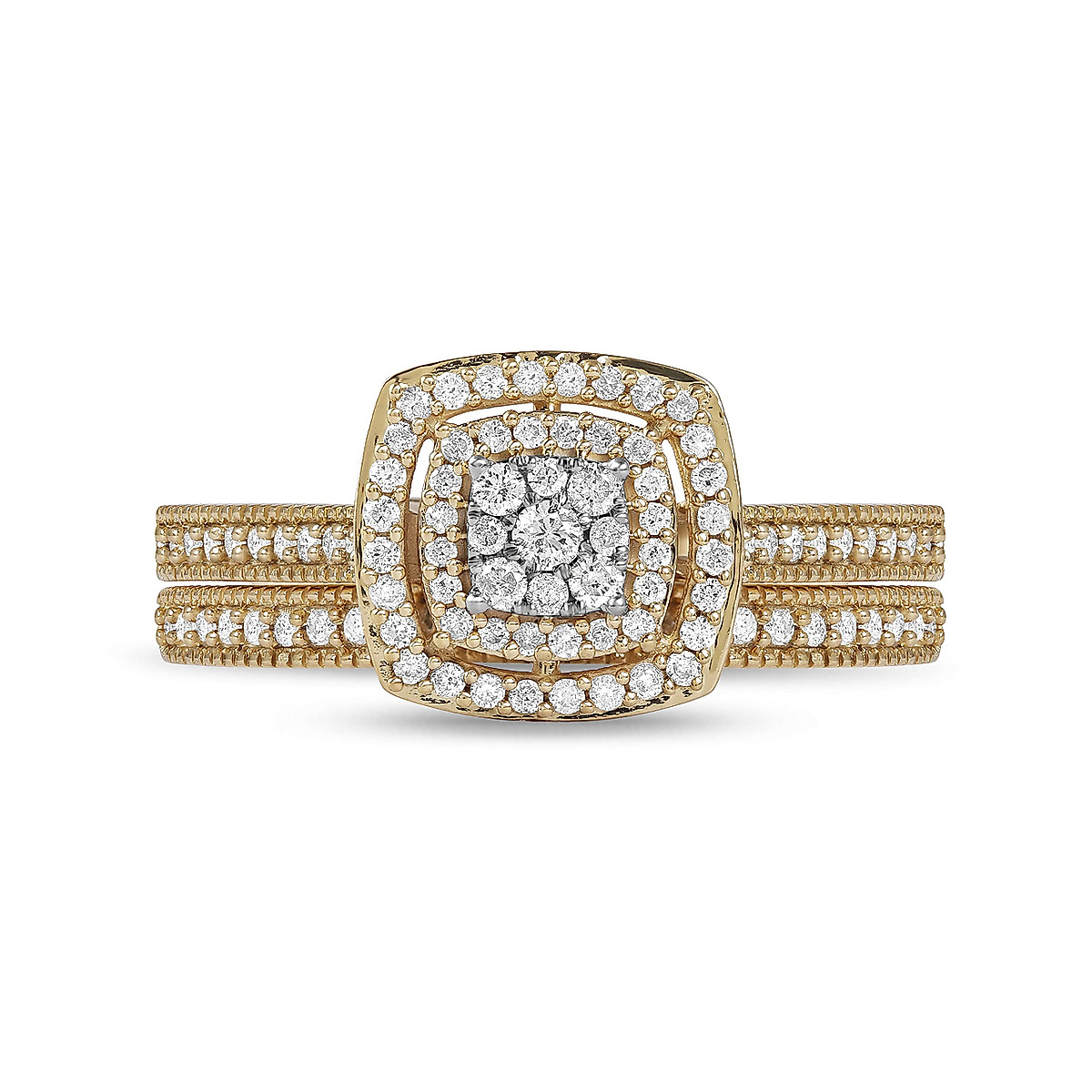 DZON IGI Certified 10k Yellow Gold 1/3CT TDW Round Cut Diamond Double Cushion Frame Cluster Bridal Jewelry Set Love Gift for Women (I-J,I2)