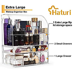 Haturi Makeup Organizer, Large Acrylic Skincare Organizer W/Lid, Dustproof Waterproof Cosmetic Display Case with Drawers for Vanity Bathroom Countertop, Makeup Storage Box for Perfume - Clear