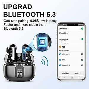 Wireless Earbud, Bluetooth 5.3 Headphones in Ear Stereo Bluetooth Earbuds Built in Mic, Wireless Earphones with LED Power Display and USB-C Charging, Mini Earbud with IP7 Waterproof and Touch Control