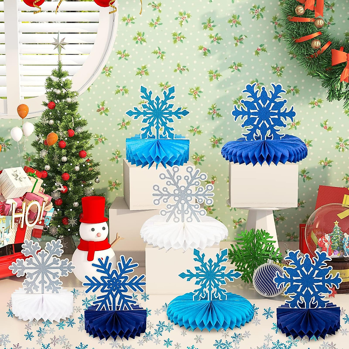 Frozen Winter Wonderland Party Decorations - 12pcs Blue White Snowflake Honeycomb Table Centerpieces and 600pcs Snowflake Confetti for Christmas Holiday Winter Birthday Baby Shower Party Supplies