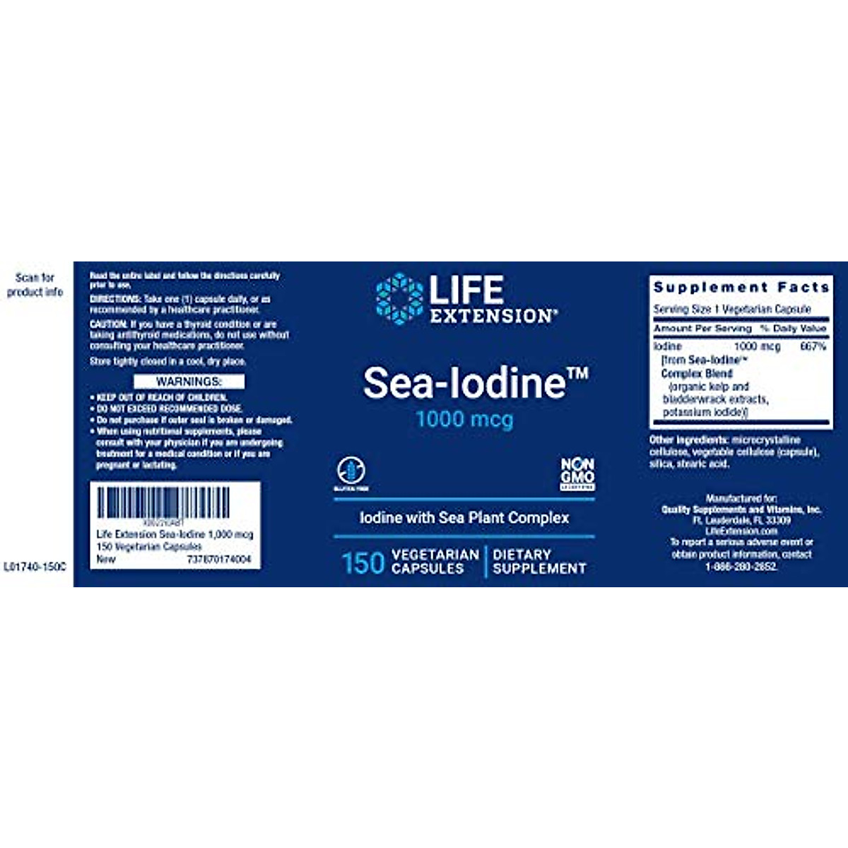 Life Extension Sea-Iodine Capsules, 1000 mcg, 150 Veg Caps, Natural Iodine Supplement from Kelp and Bladderwack