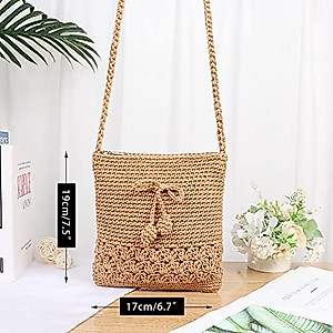 JBRUN Women Straw Crossbody Purse Beach Handmade Woven Shoulder Bag Cotton Crochet Tassel Square Bag Bohemian Messenger Bag (E-Brown)