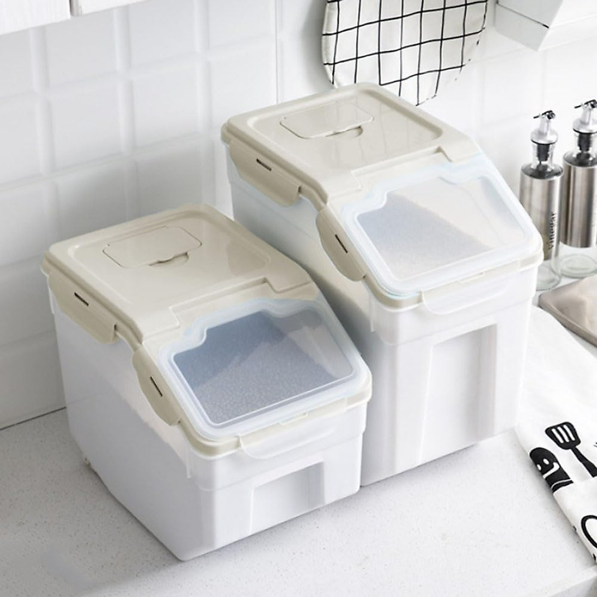 YXQ 25LB Large Flour Storage Container Bin ,2 Pack Airtight Plastic with Wheels Seal Locking Lid Dispenser Organizer Storage Bin with Measuring Cup & Scoop for Flour, Rice, Grain 50LBS Total