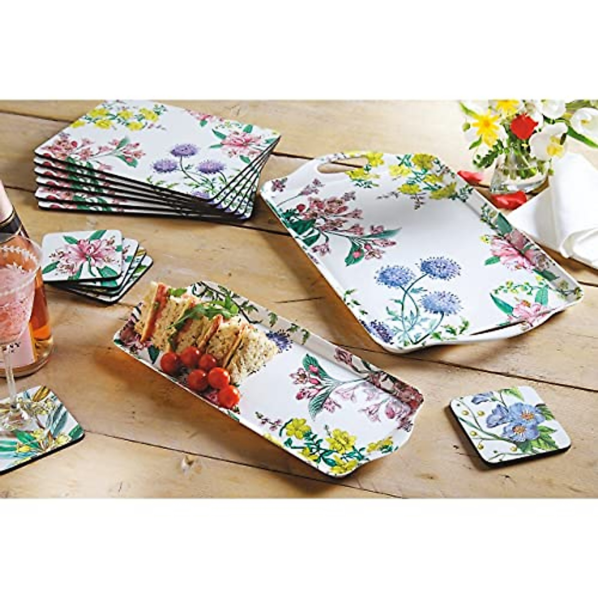 Pimpernel Stafford Blooms Collection Sandwich Tray | Serving Platter | Crudité and Appetizer Tray | Made of Melamine | Measures 15.1" x 6.5" | Dishwasher Safe