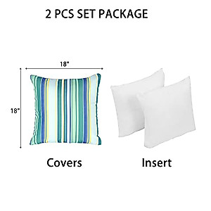 Maphissus 2 PCS Outdoor Throw Pillows Included Inserts,18x18 Inches Green Striped Square Pillows,Waterproof Stuffed Pillow for Patio Garden Bench Furniture