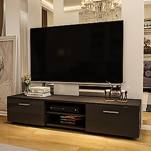 WERSMT Wood TV Stand, Modern 55 60 65 70 inch TV Stand, Entertainment Center with Storage, High Gloss TV Cabinet for Living Room, Black