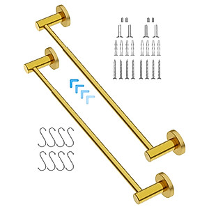 2 Pack Adjustable 16 to 27.6 Inch Single Gold Towel Bar, iMomwee SUS304 Stainless Steel Bath Towel Holder, Wall Mounted Towel Rail for Bathroom Kitchen Washroom, 1" Diameter Towel Rod with S Hooks