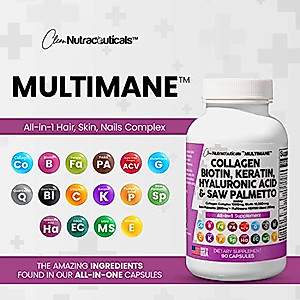 Collagen Pills 1000mg Biotin 10000mcg Keratin Saw Palmetto 2500mg Hyaluronic Acid - Hair Skin and Nails Vitamins and DHT Blocker with Vitamin E Folic Acid Pumpkin Seed MSM Made in USA - 90 Count