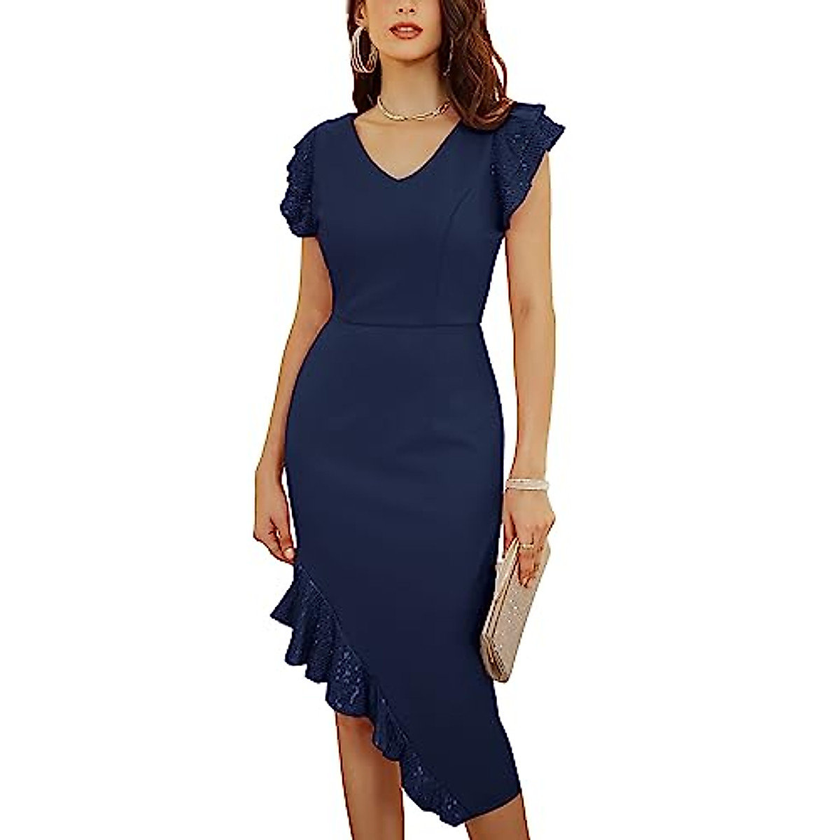 GRACE KARIN Women's 2023 Summer Dress Short Sleeve V Neck Wedding Guest Midi Dress M Navy Blue