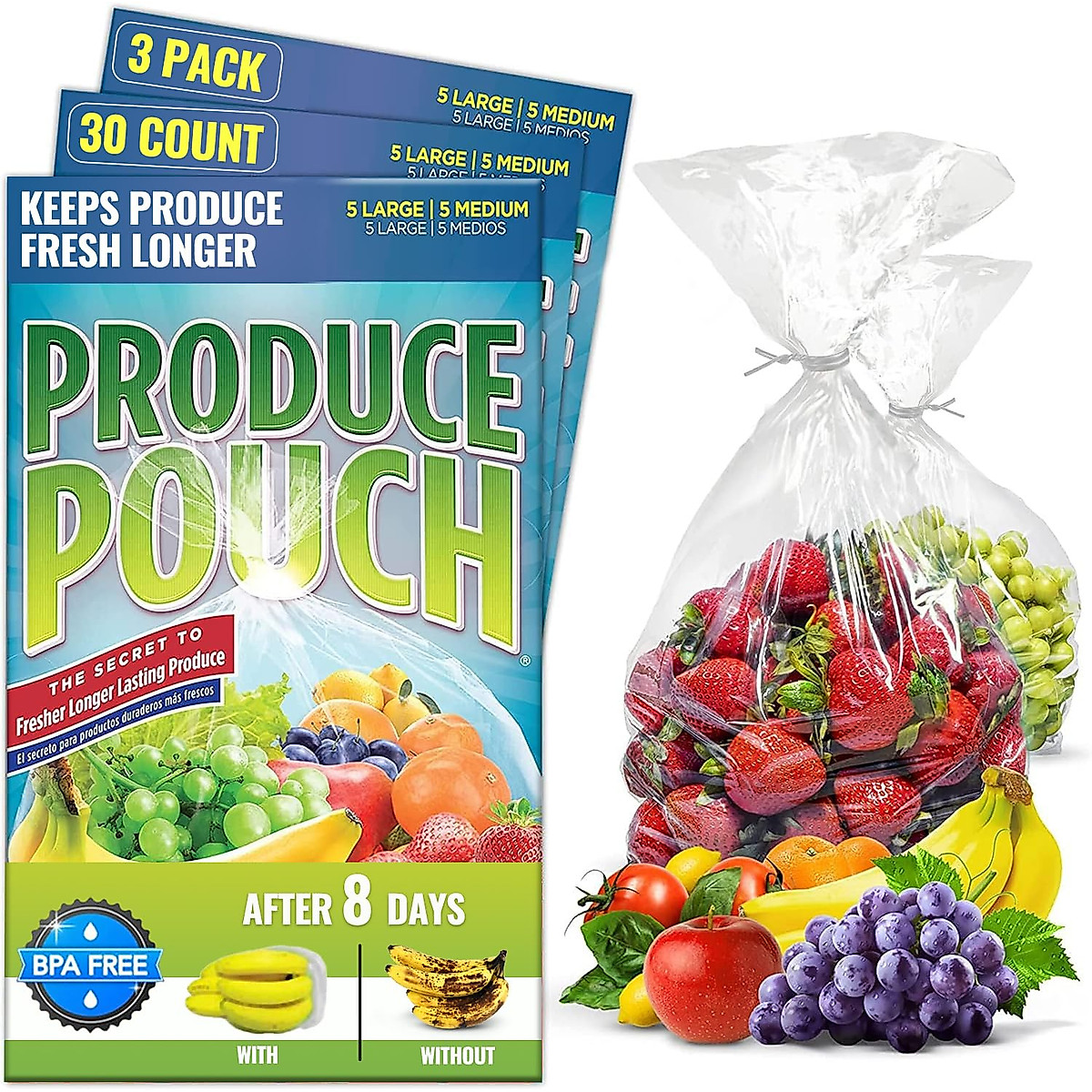 Reusable Vegetable Produce Bags by Produce Pouch – Keeps Fruit, Vegetable, Herbs Fresh Longer, Prevent Food Waste - BPA and Lead-Free Produce Saver Storage Green Bag - Set Of 30 w/Twist-Ties