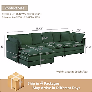 Tmsan 111.42" Modular Sectional Sofa, Green Convertible Modern L Shaped Sofa Chenille Cloud Couches Set with Ottoman for Living Room Bedroom Apartment Office, 3 Seater