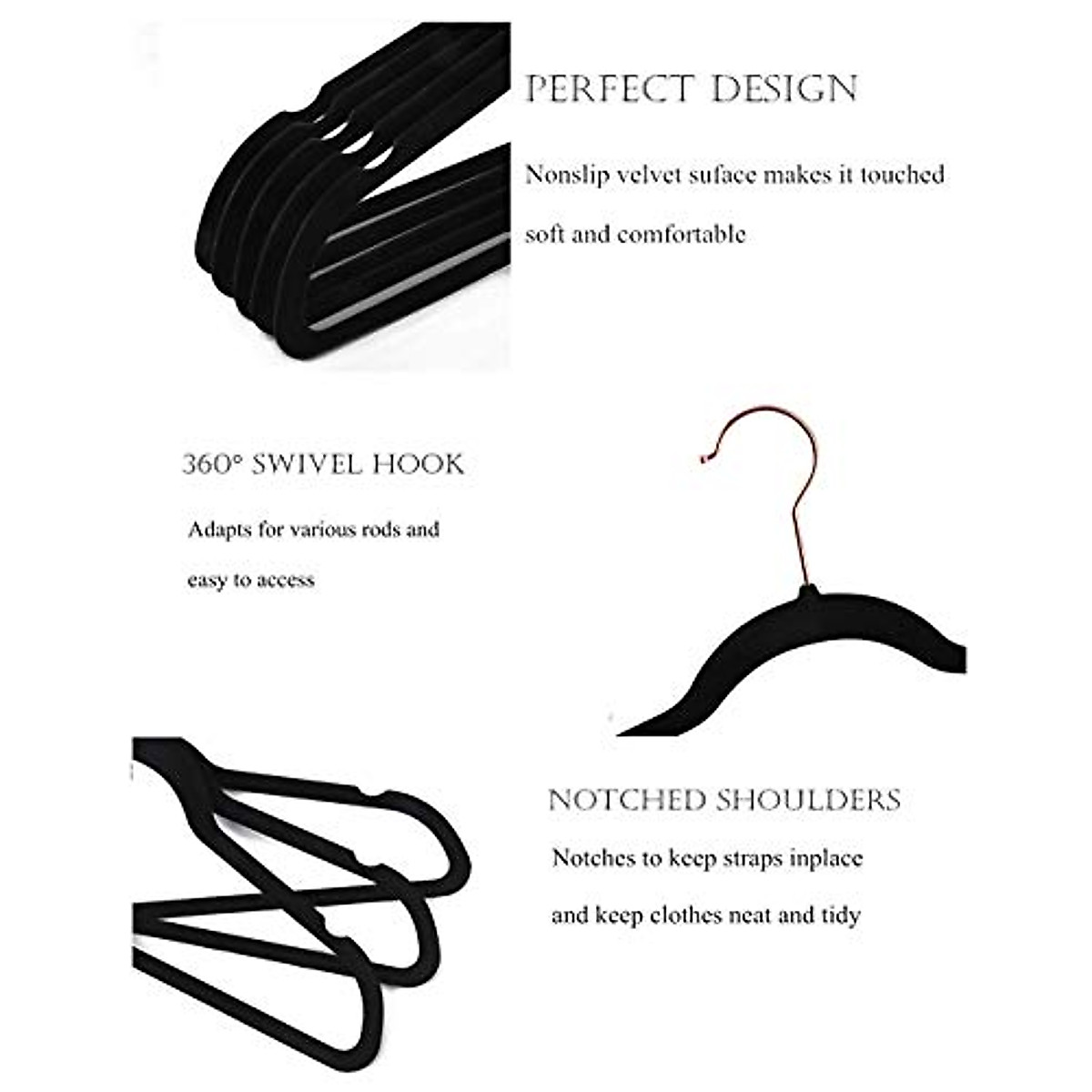 AREKUAEI Premium Black Velvet Hangers (Pack of 50) Heavyduty - Non Slip - Velvet Suit Hangers - Copper/Rose Gold Hooks,Space Saving Clothes Hangers