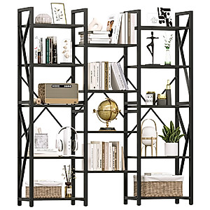 GAOMON Triple Wide 5 Tier Book Shelf, 70.8” Tall Bookcase with 14 Open Shelves, Large Industrial Bookshelves and Bookcases with Metal Frame for Home Office, Study Room, Living Room-Black