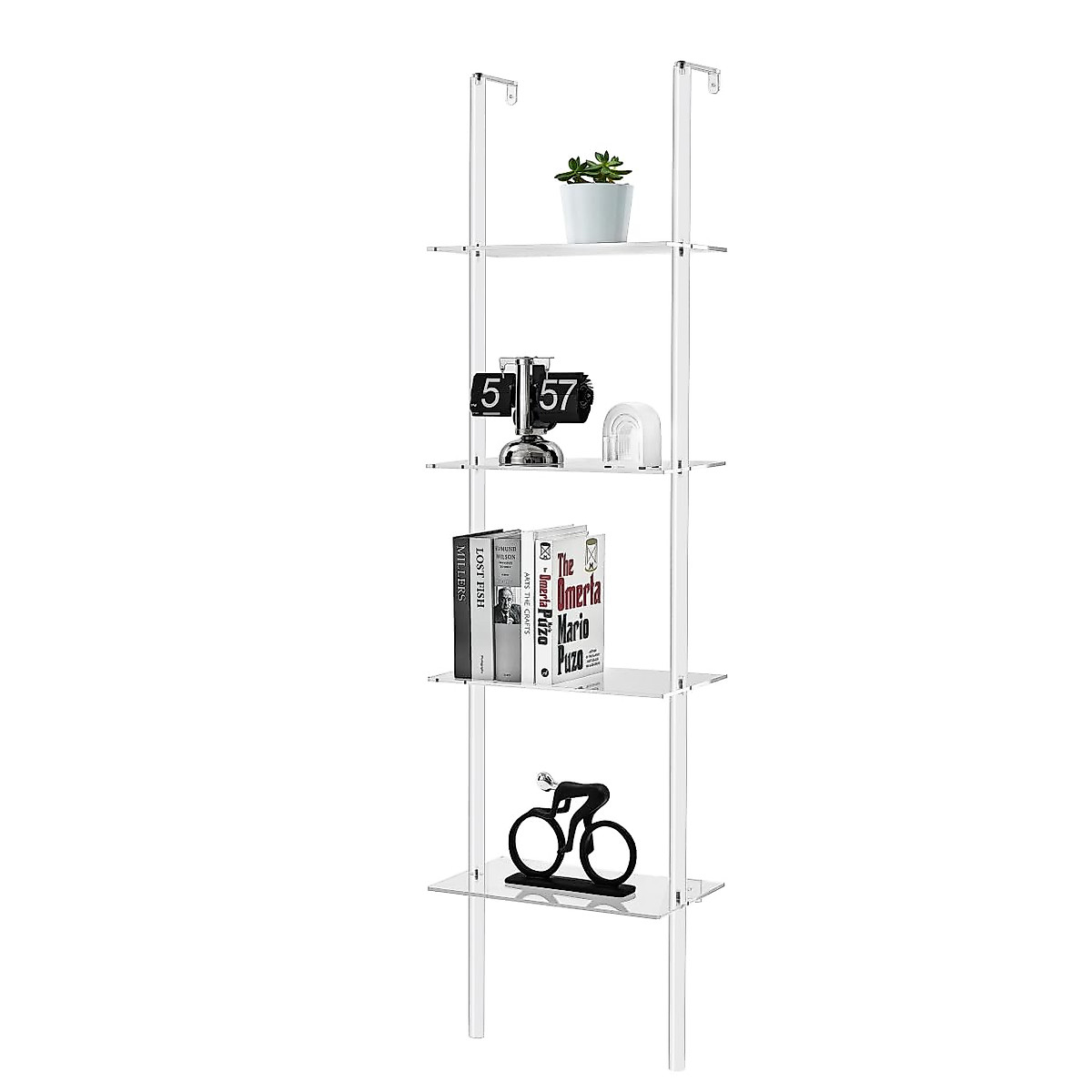 takor Compact Acrylic Ladder Bookshelf, Space-Saving 4-Tier Modern Design for Small Areas, Elegant Acrylic Bookcase for Living Room, Bathroom, Office (9.4" D x 15.7" W x 60.6" H)