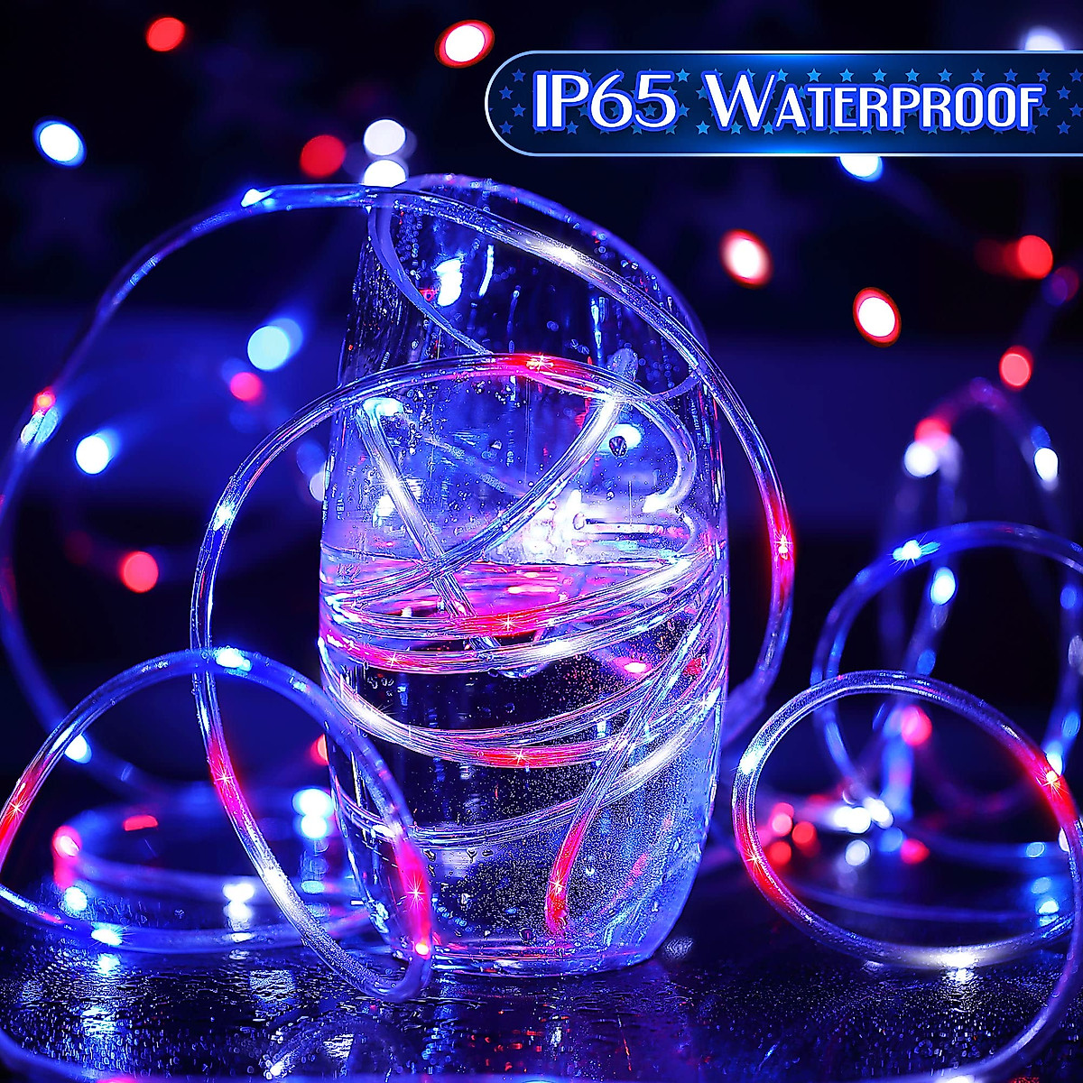 Meonum Solar Halloween Rope Lights Outdoor, 33ft 100 LED Rope Lights Waterproof, PVC Tube Fairy String Lights with 8 Modes for Halloween Night Party Garden Tree Decor (Red Blue White, 2 Pack)