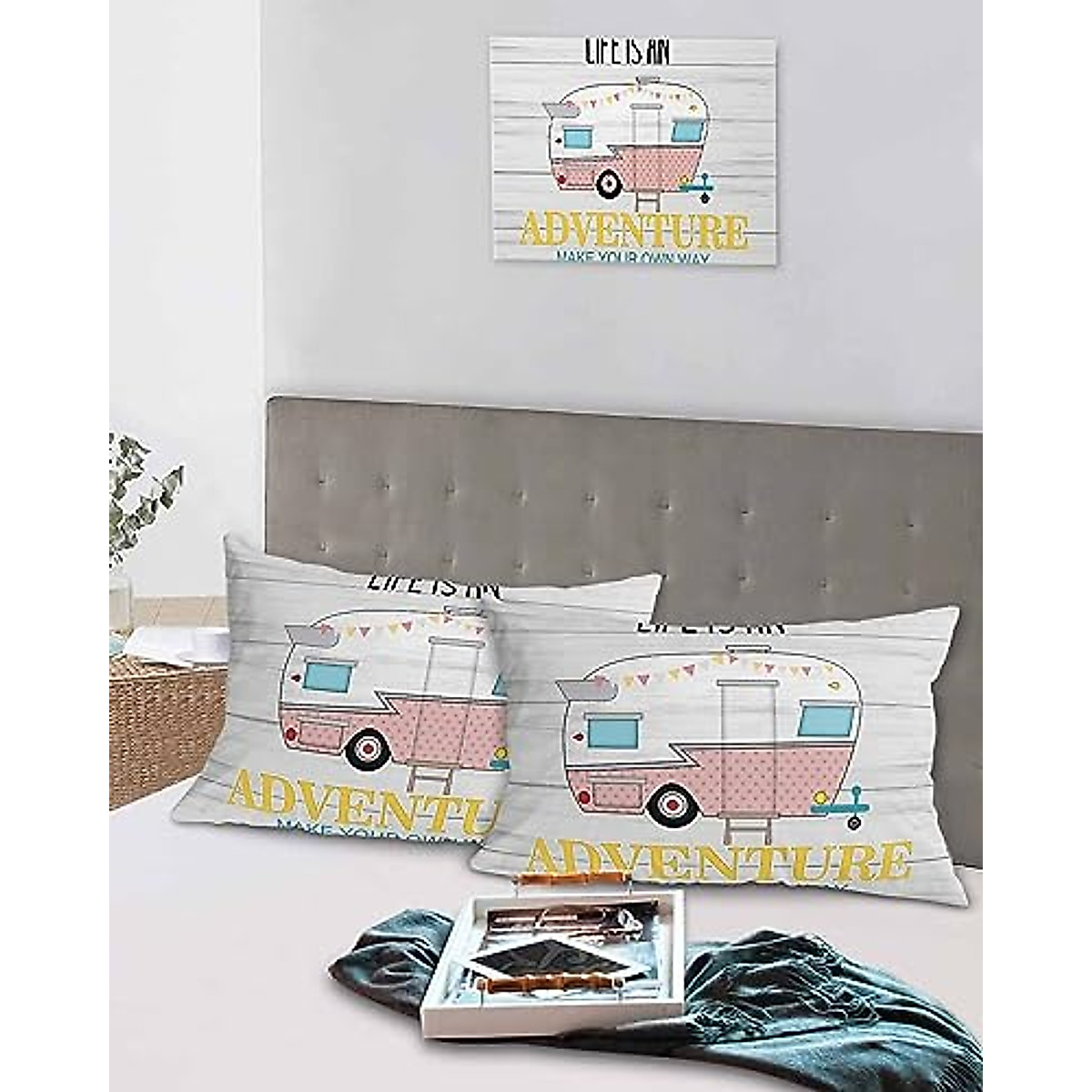 Edwiinsa Summer RV Travel Pillow Covers Standard Size Set of 2 20x26 Bed Pillow, Pink Polka Dots Truck Rustic Wood Plush Soft Comfort for Hair/Skin Cooling Pillowcases with Envelop Closure