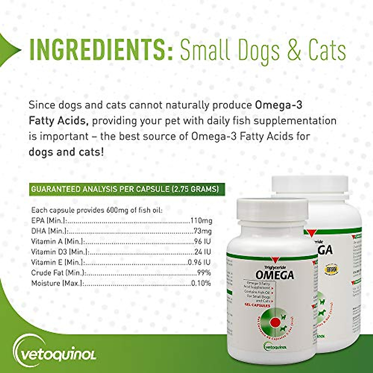 Vetoquinol Triglyceride Omega 3 Supplement for Dogs and Cats, Fish Oil Supplement with EPA and DHA, Promotes Skin, Coat, Joint, and Immune Health, Omega 3 Fish Oil for Dogs and Cats up to 30lbs, 250ct