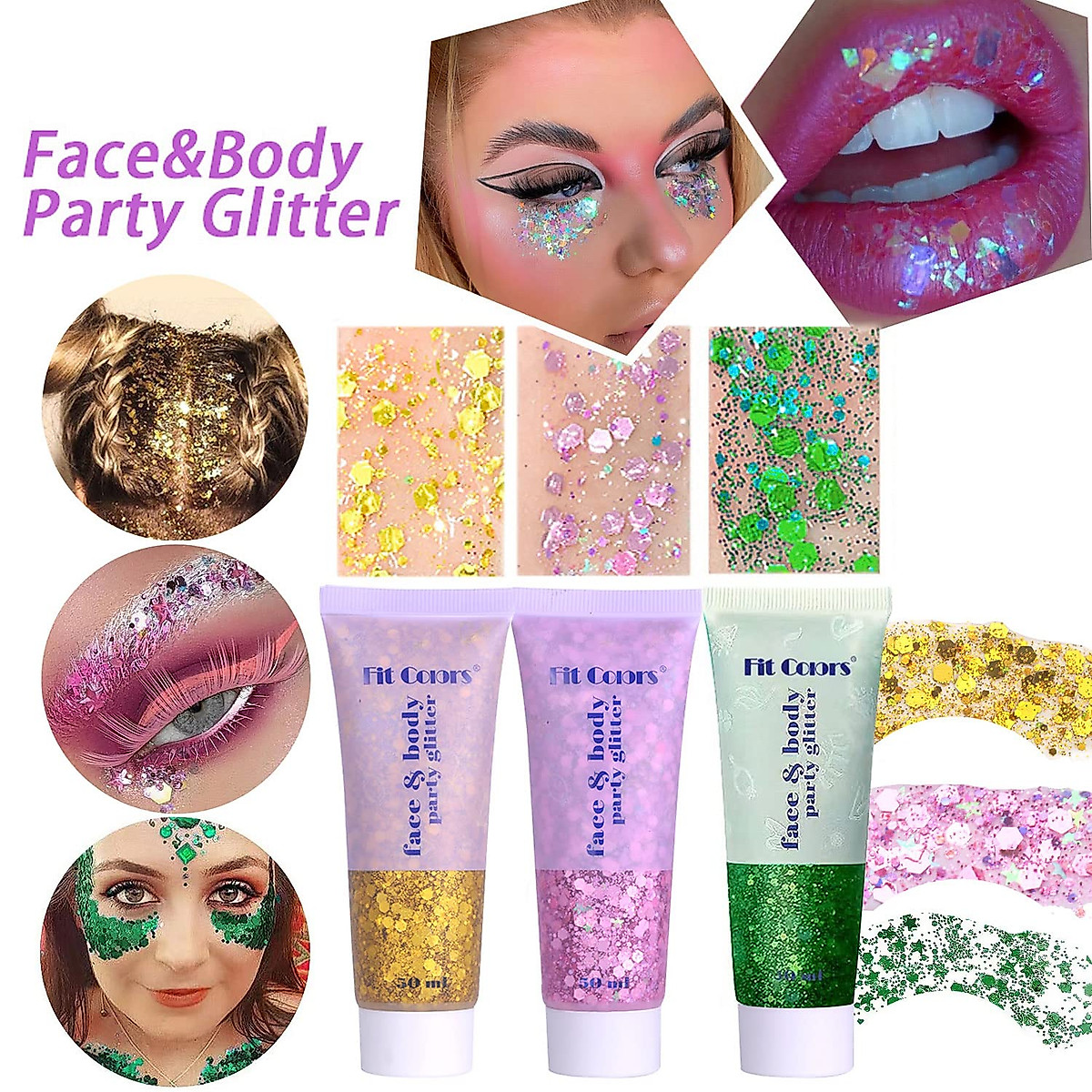 Face Glitter Gel, 3 Jars Holographic Chunky Glitter Makeup for Body, Hair, Face, Nail, Eyeshadow, Long Lasting and Waterproof Mermaid Sequins Shimmer Liquid Glitter 50ml/Jar (Set B)