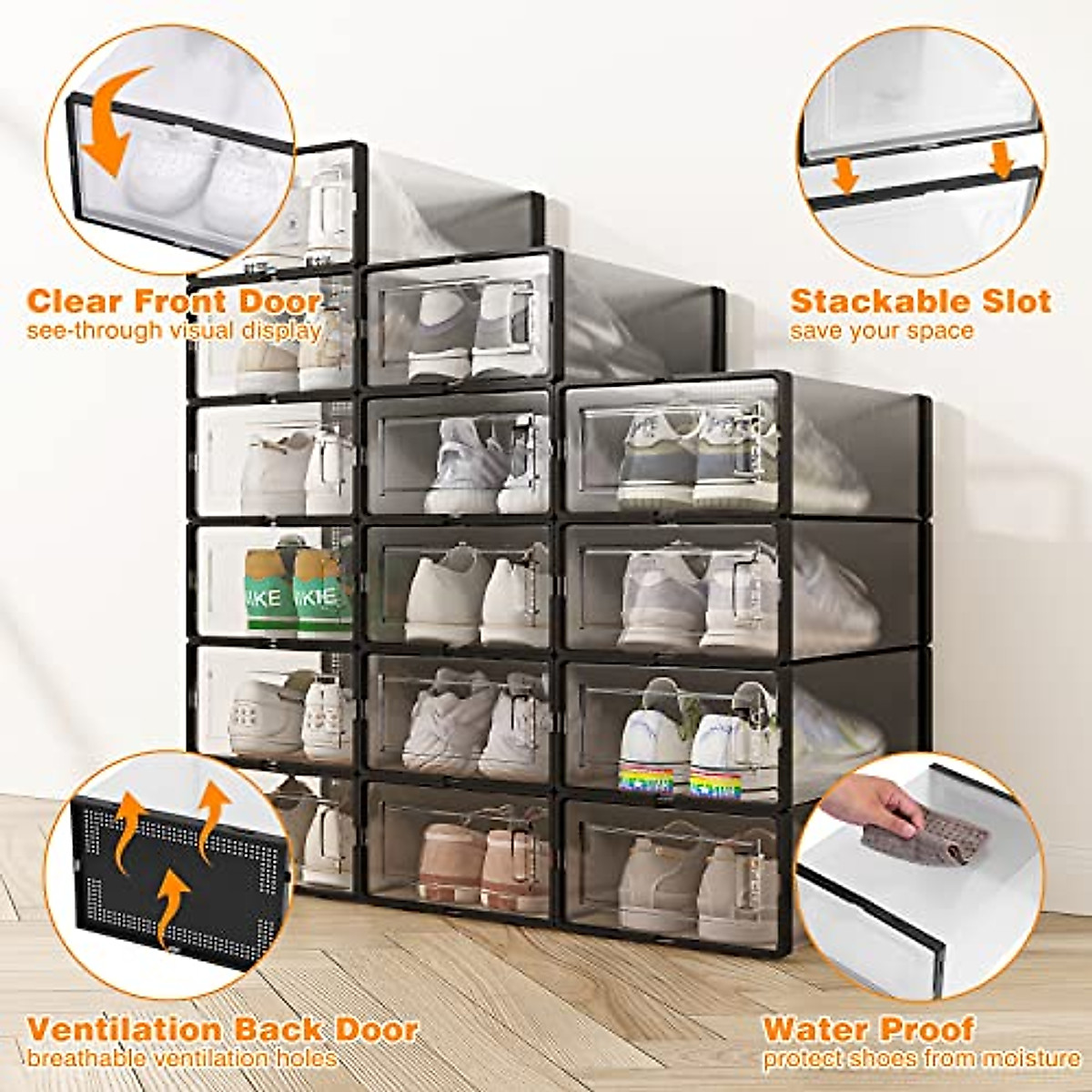 Fixwal Clear Shoe Storage Boxes Stackable, 12 Pack XL-Large Shoe Storage Organizers, Stackable Clear Plastic Boxes for Closet, 13.2 (L) x 10.1 (w) x 6.42 (H) Inch, Black
