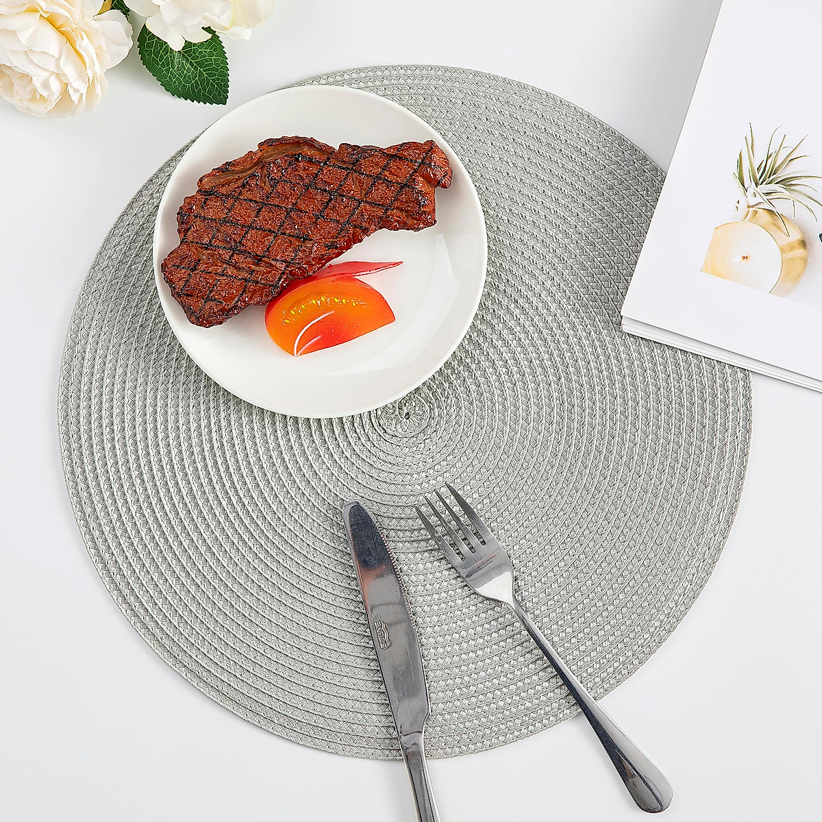 Round Placemats, Crossweave Heat Resistant Classic Woven Round Place Mats Diameter 13.5 inch for Kitchen Table Set of 6 (Light Gray)