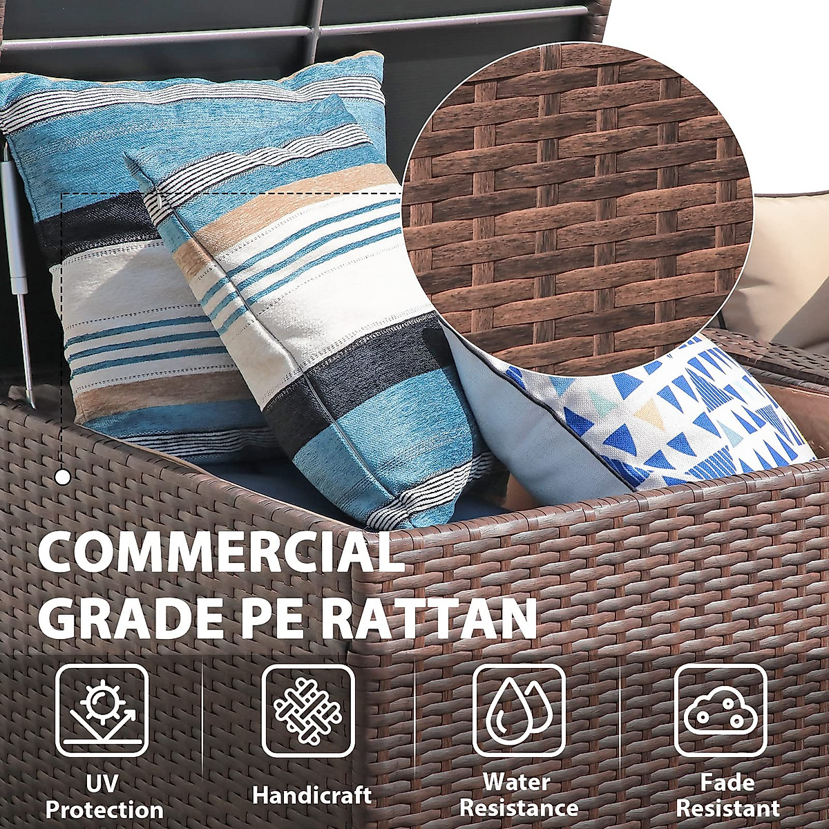 JOIVI Patio Furniture, Small Sectional Sofa Set with Storage Box, Outdoor Patio PE Rattan Conversation Set, All Weather Brown Wicker Couch with Cushions and Tempered Glass Coffee Table, Beige