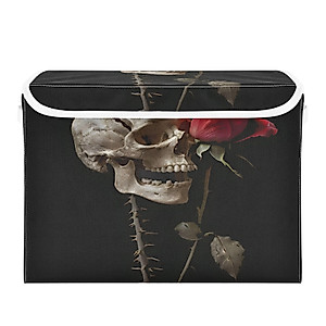 DALAWU Containers Baskets with Lids Rose Skull Fabric Foldable Storage Bins Organizer with Lid Collapsible Storage Boxes for Home Bedroom Closet Office