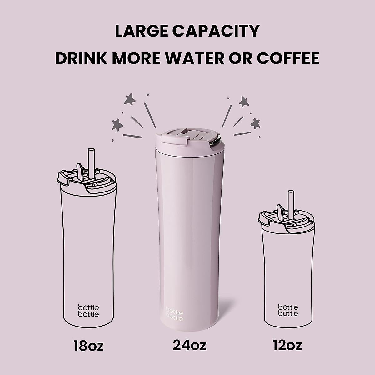 BOTTLE BOTTLE Insulated Water Bottle Coffee Tumblers with Dual-use Lid and Straw Double Walled Iced Travel Coffee Mug for Woman and Man 24oz Stainless Steel Tumbler with Handle（Light Purple）