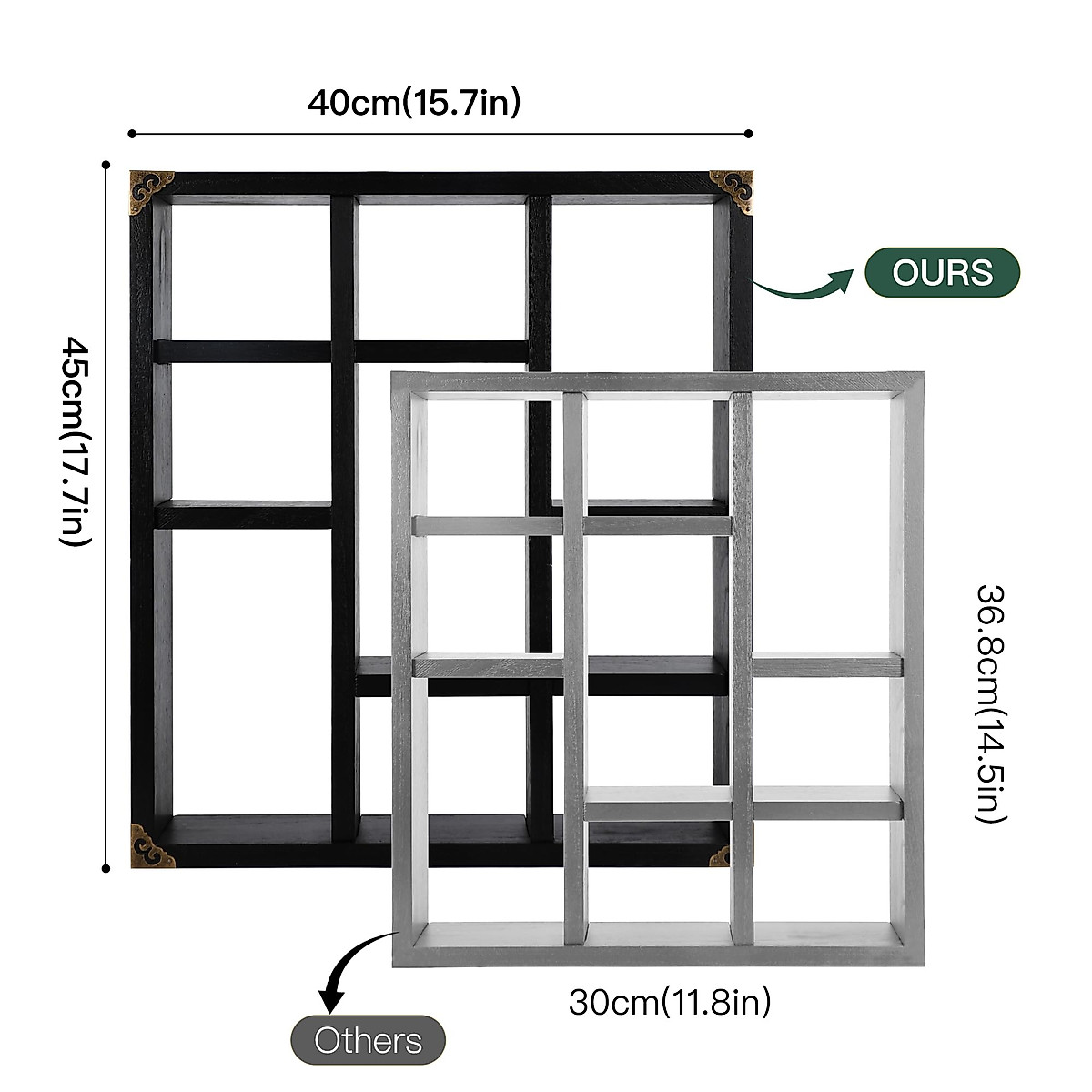 MITREL 17.7x15.7-Inch Shadow Box Shelf 9-Slot Rustic Floating Shelves Larger Wall Mounted Shelf Lightweight Solid Wood Display Shelf Freestanding Farmhouse Shelf (Set of 2,9C-Classic Black)