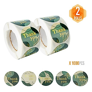 2Rolls-1000PCS 1.5" Green Series Thank You Stickers | 6 Different Design Thank You Designs for Business Packaging, Thank You Labels for Gifts Bags, Boxes and Envelope Sealing