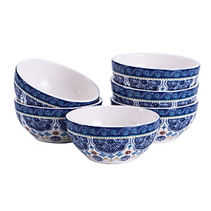 Bico Blue Talavera Dessert Bowls Set of 6, Ceramic, 12oz, for Ice Cream, Salad, Cereal, Dipping Sauce, Microwave & Dishwasher Safe