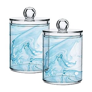 2 Pack Qtip Holder Organizer Dispenser Light Blue Marble Bathroom Storage Canister Cotton Ball Holder Bathroom Containers for Cotton Swabs/Pads/Floss