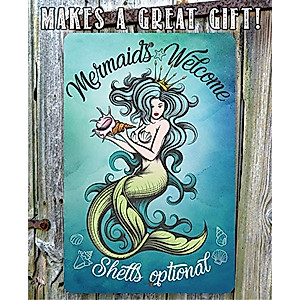 Metal Sign - Mermaids Welcome Shells Optional - Hanging Mermaid Wall Art Metal Sign - Use Indoor/Outdoor Your Home - Girl Mermaid Decor - Mermaid Room Decor For Girls Bedroom and Bathroom (8" x 12")