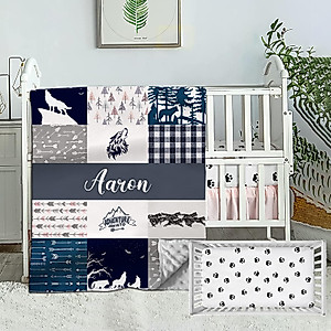 Personalized Crib Bedding Set for Boys, Custom Baby Crib Sets with Name, Wolf Theme Nursery Bedding, 2 Piece Baby Crib Sets, Wolf Pack Baby Plaid Comforter, Crib Fitted Sheet for Baby Boys Girls