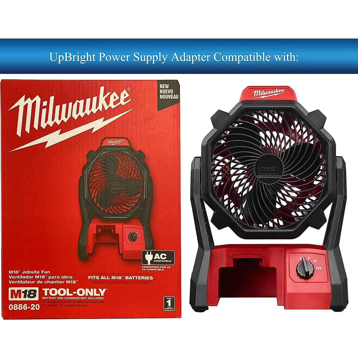 UpBright 18V AC/DC Adapter Compatible with Milwaukee 0886-20 M18 2,350-Rpm Adjustable 18-Volt Lithium-Ion Cordless Jobsite Fan 23-81-0701 E045-1H180250HU HK-X145-A18 Power Supply Battery Charger